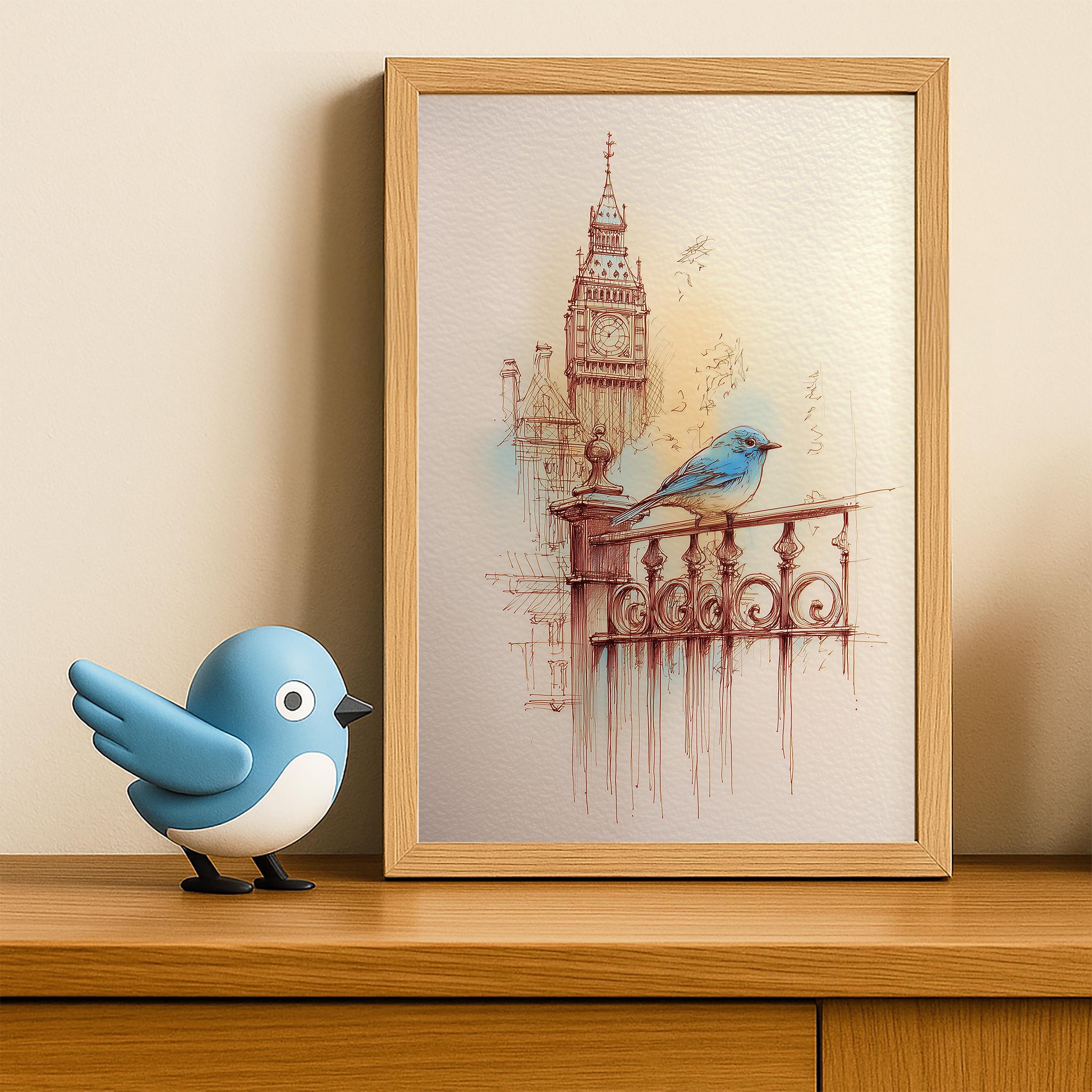 Bluebird and Big Ben Ink Sketch - Watercolor London Balcony ...