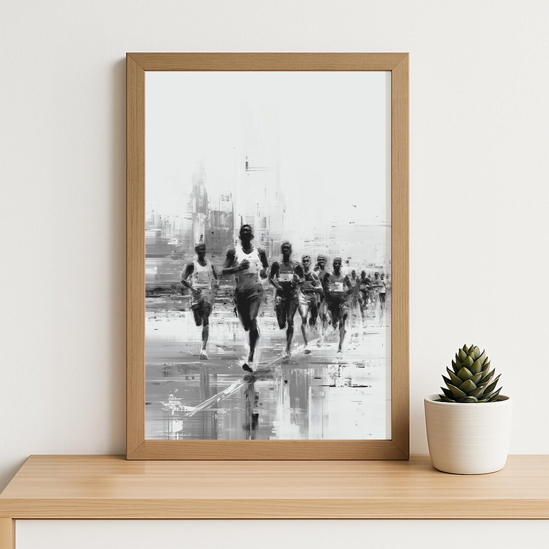 Urban Marathon Ink Art Print – Grayscale Ink Wash Style Running Poster ...