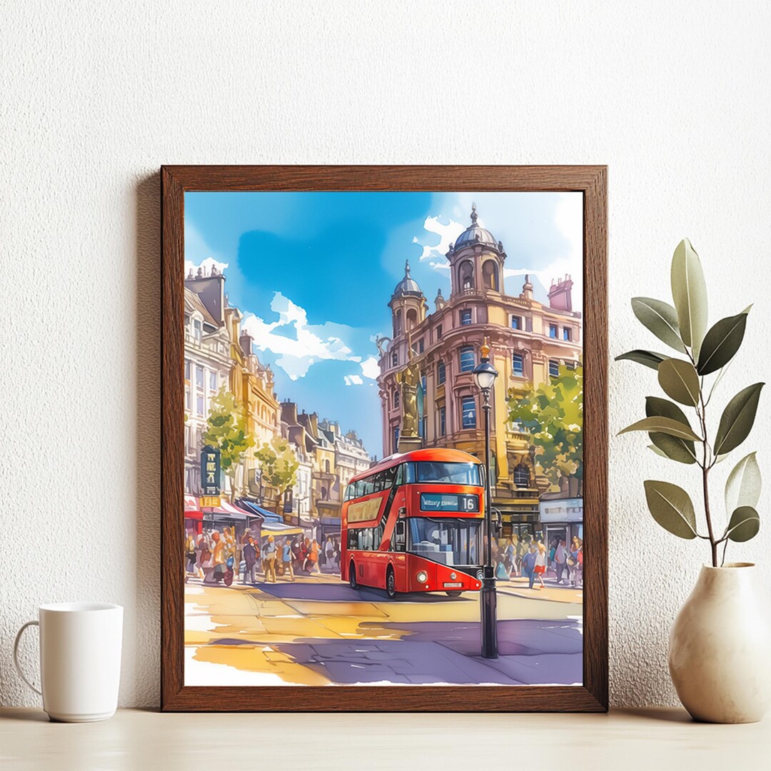 London Bus Cityscape Scenery Digital Art Print Wall Art Deco Watercolor ...