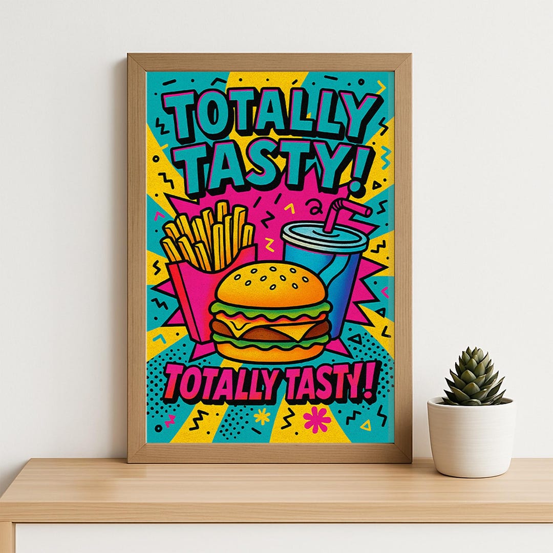 Totally Tasty Retro Fast Food Poster - 90s Pop Art Burger, Fries & Soda ...