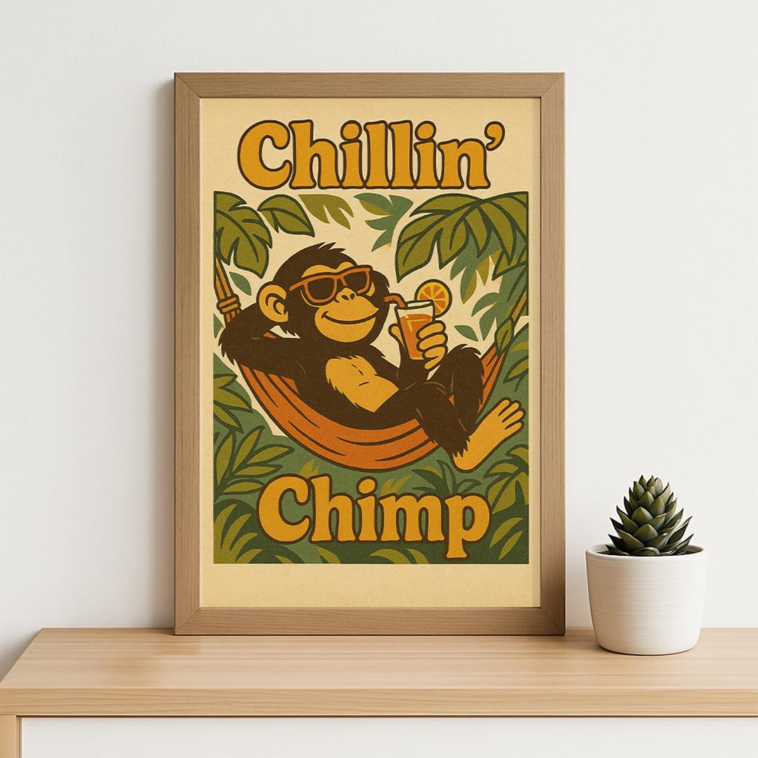Chillin' Chimp Retro Poster - Funny Groovy Jungle Animal Wall Art ...