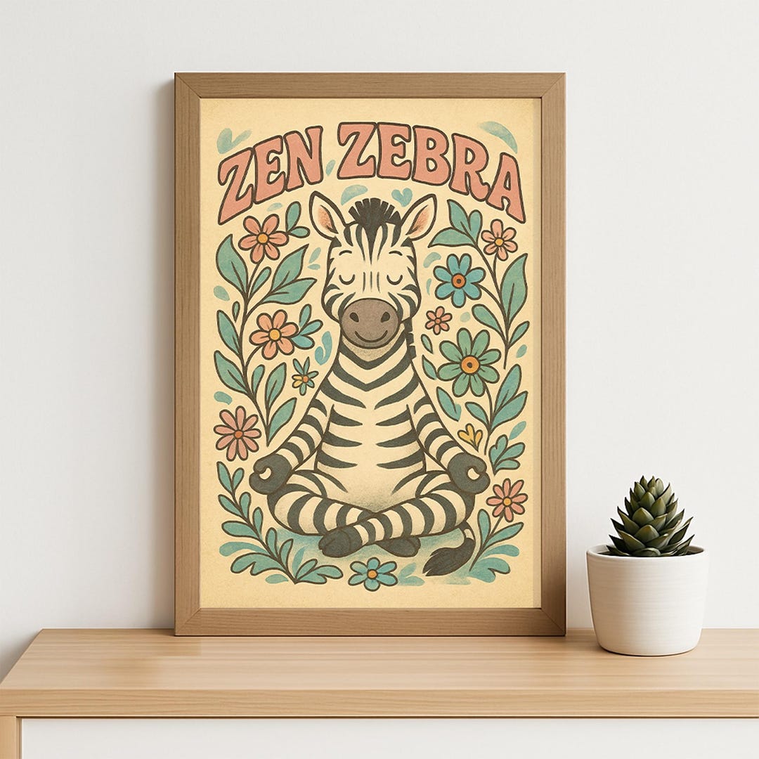 Zen Zebra Retro Poster - Funny Yoga Animal Wall Art, Meditating Zebra ...