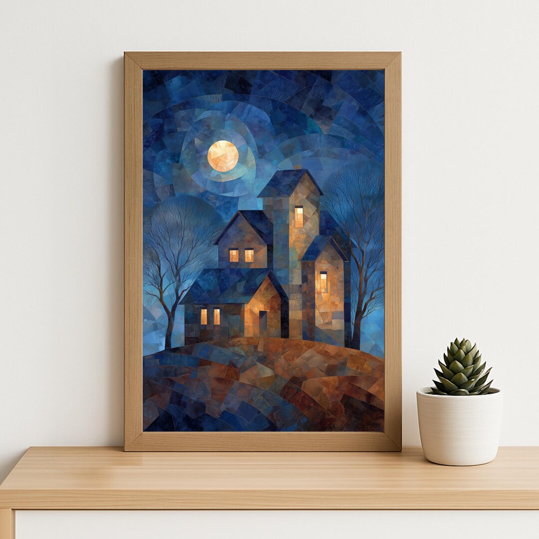 Countryside Farmhouse Moonlit Art Print – Abstract Geometric Night ...