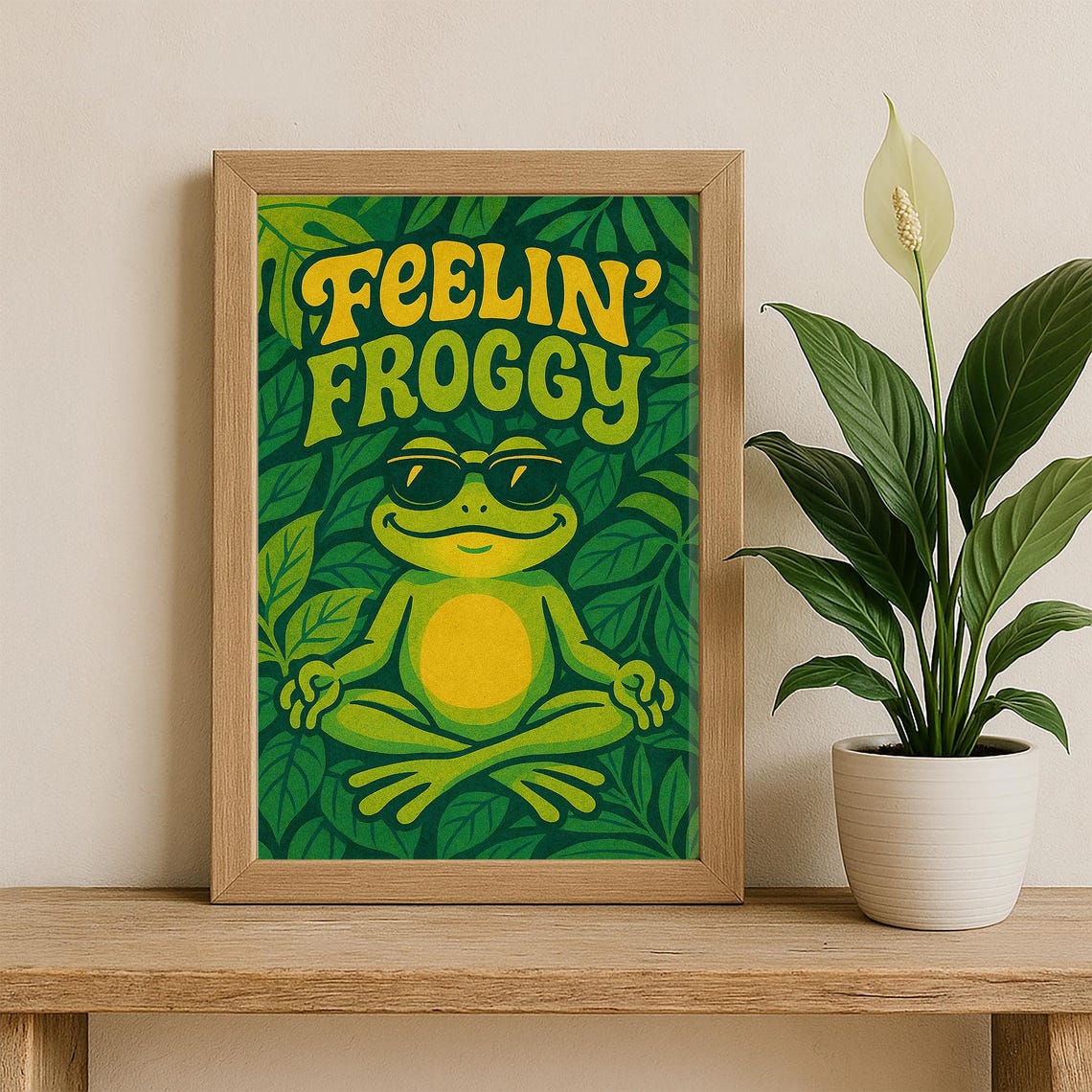 Feelin' Froggy Retro Poster - Funny Groovy Frog Wall Art, Meditation ...