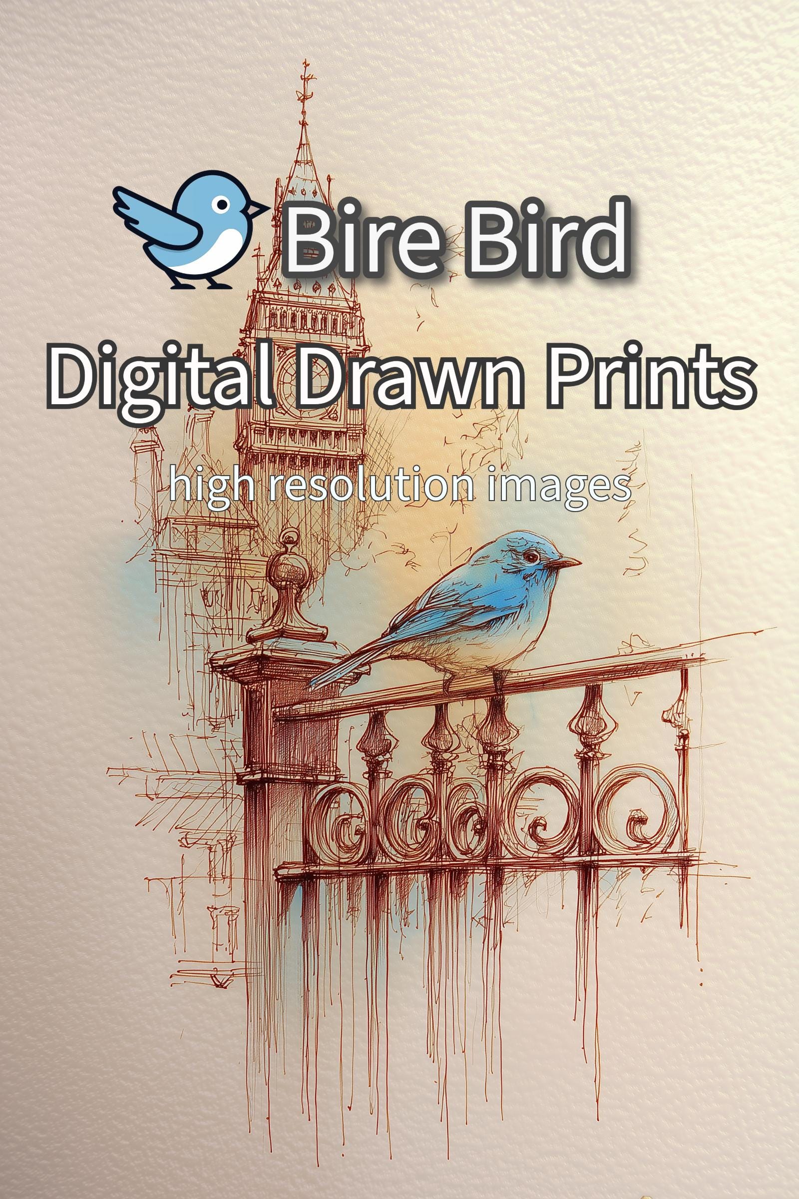 Bluebird and Big Ben Ink Sketch - Watercolor London Balcony ...