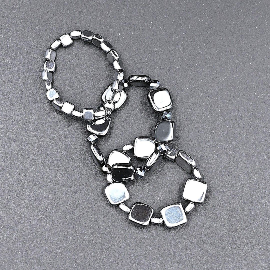 Hematite & Terahertz Rings Set: Minimalist Mirror Shine Stretch Bands ...