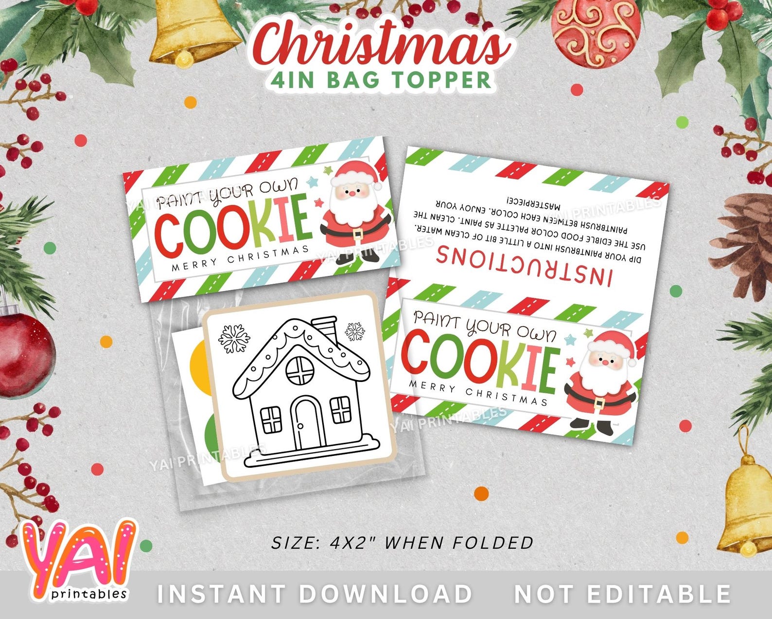Christmas PYO Cookie Bag Topper, Printable Bag Topper, Paint Your Own ...