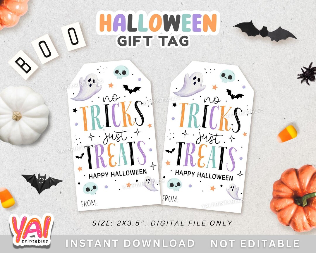 Halloween Favor Tags: No Tricks Just Treats, Printable Gift Tags (PDF ...