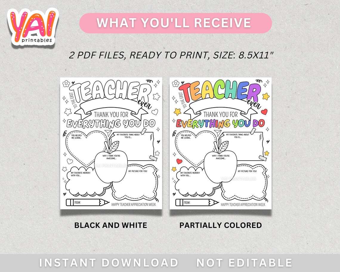 Teacher Thank You Coloring Page Printable PDF, Teacher Appreciation ...
