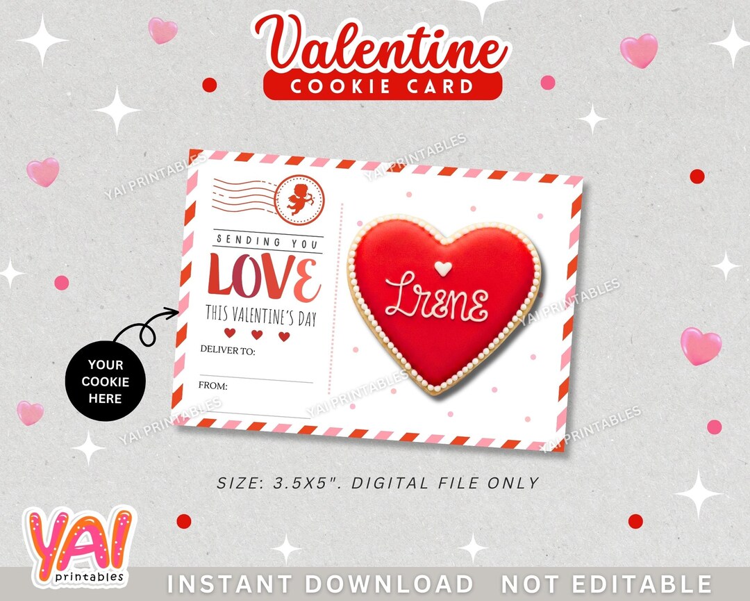 Valentine Cookie Card, Printable Valentine Cookie Card, Valentine Heart ...