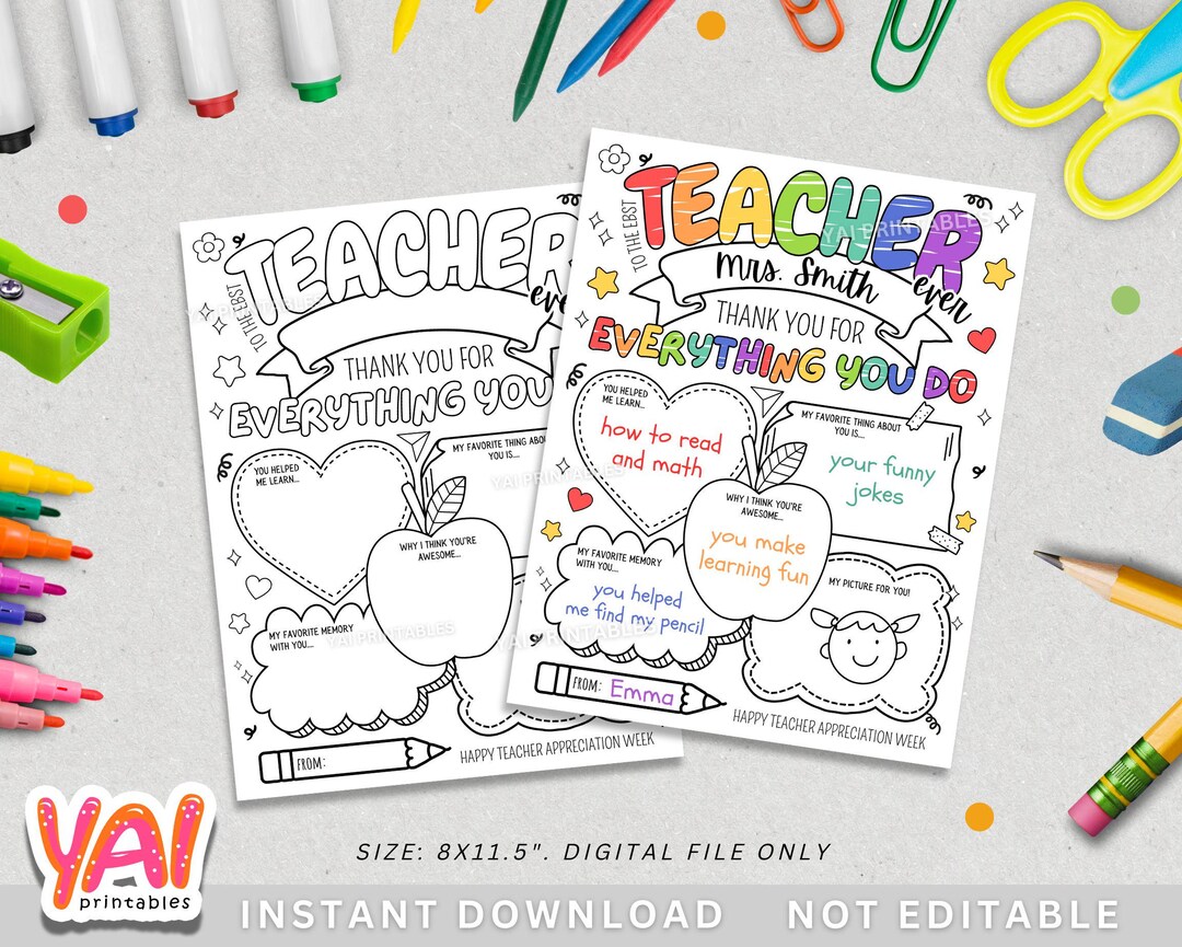 Teacher Thank You Coloring Page Printable PDF, Teacher Appreciation ...