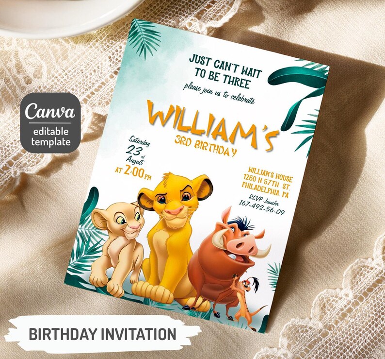 Simba Printable Birthday Invitation Template, Lion King Birthday Invite ...