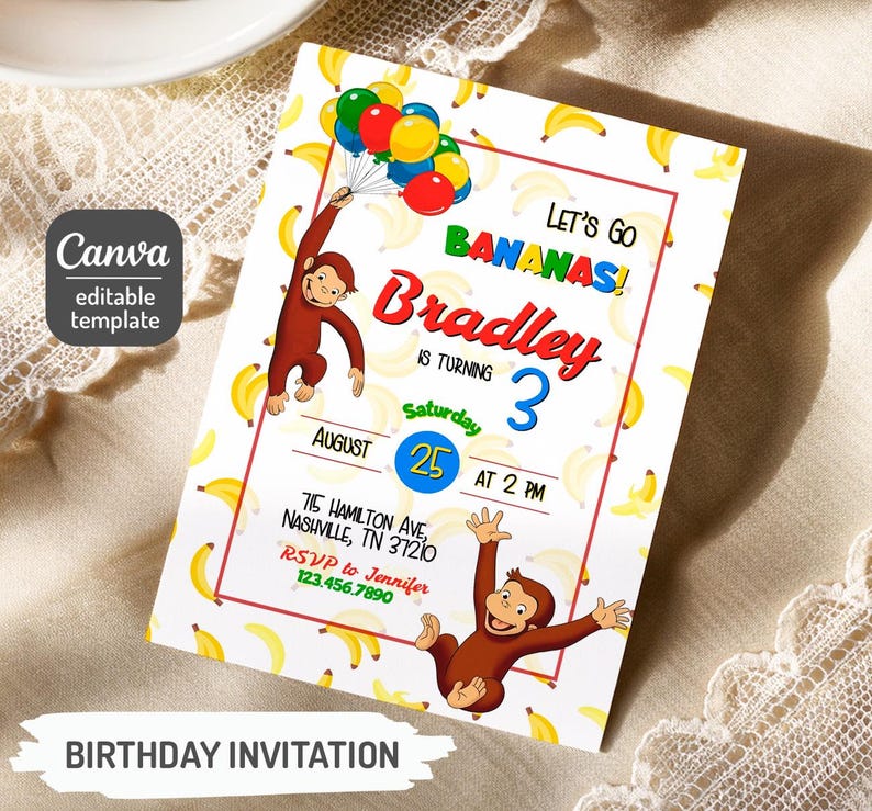 Curious George Birthday Invitation, Printable Monkey Invite, Ape Invite ...