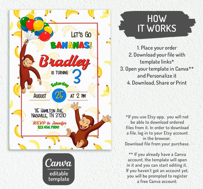 Curious George Birthday Invitation, Printable Monkey Invite, Ape Invite ...