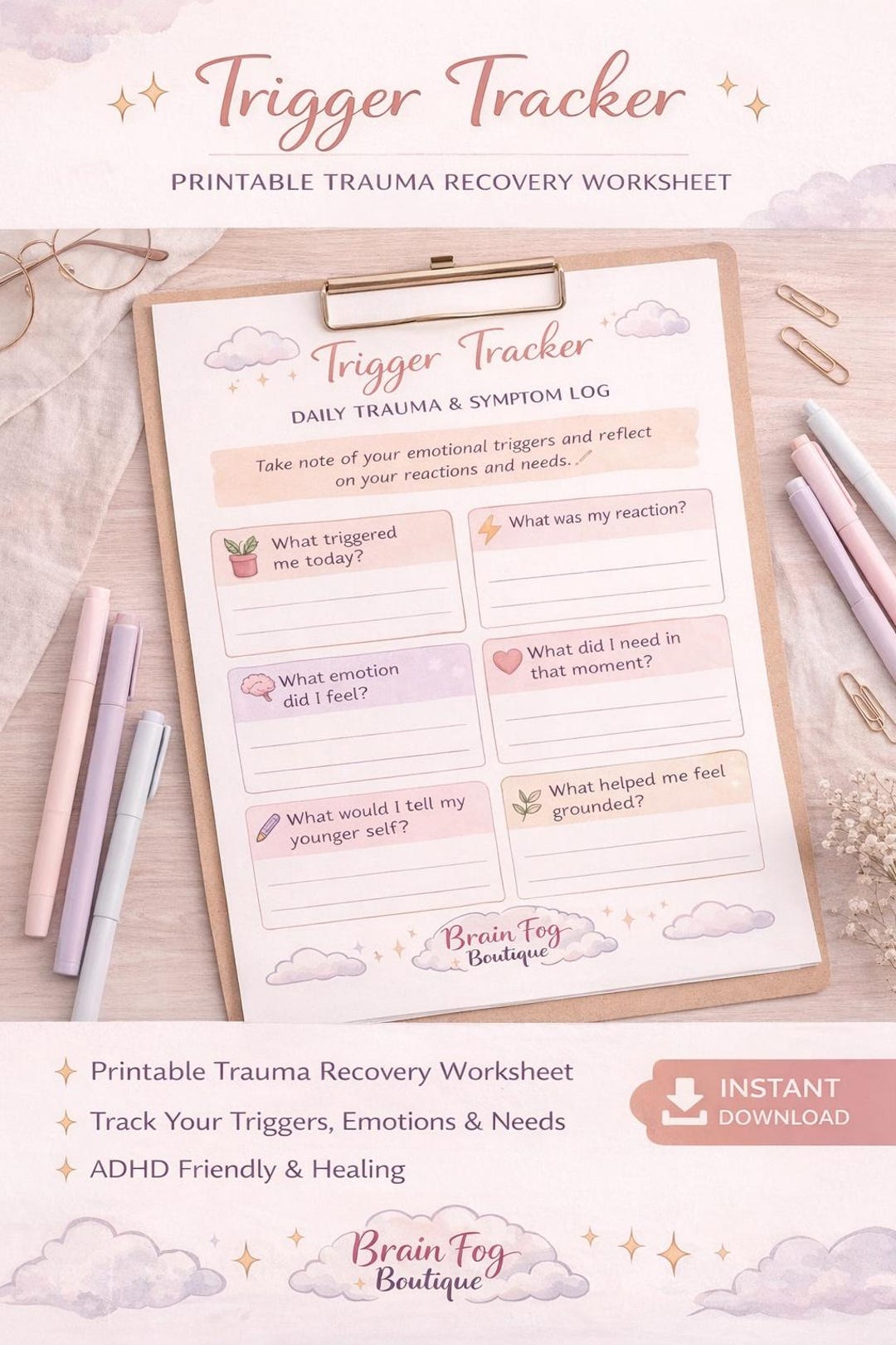 Trigger Tracker - Trauma Recovery Worksheet | Printable Daily Symptom ...