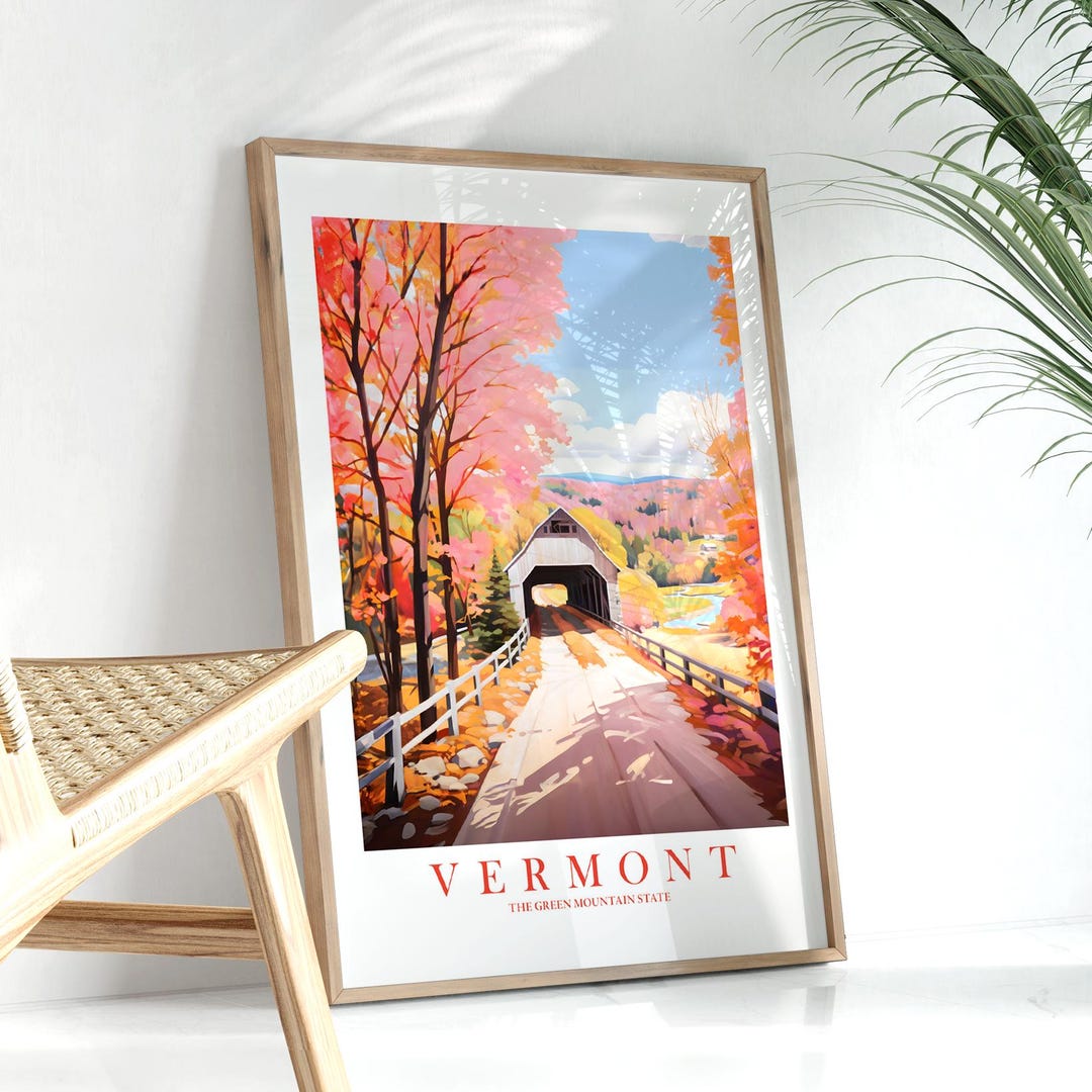 Vermont Travel Poster Green Mountain State Pink Orange Retro Print VT ...