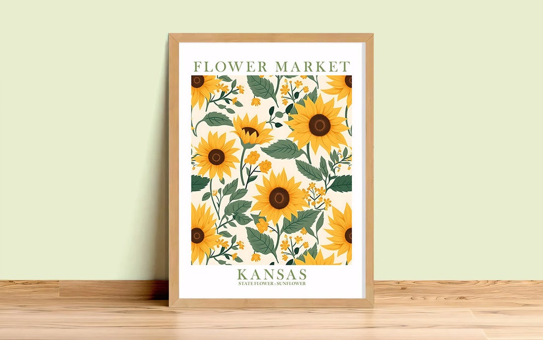 Kansas Sunflower State Flower Print Yellow Green KS Floral Botanical ...