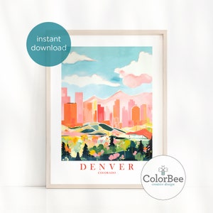 Denver Skyline Poster Colorado Travel Print City Wall Art Retro Pink ...