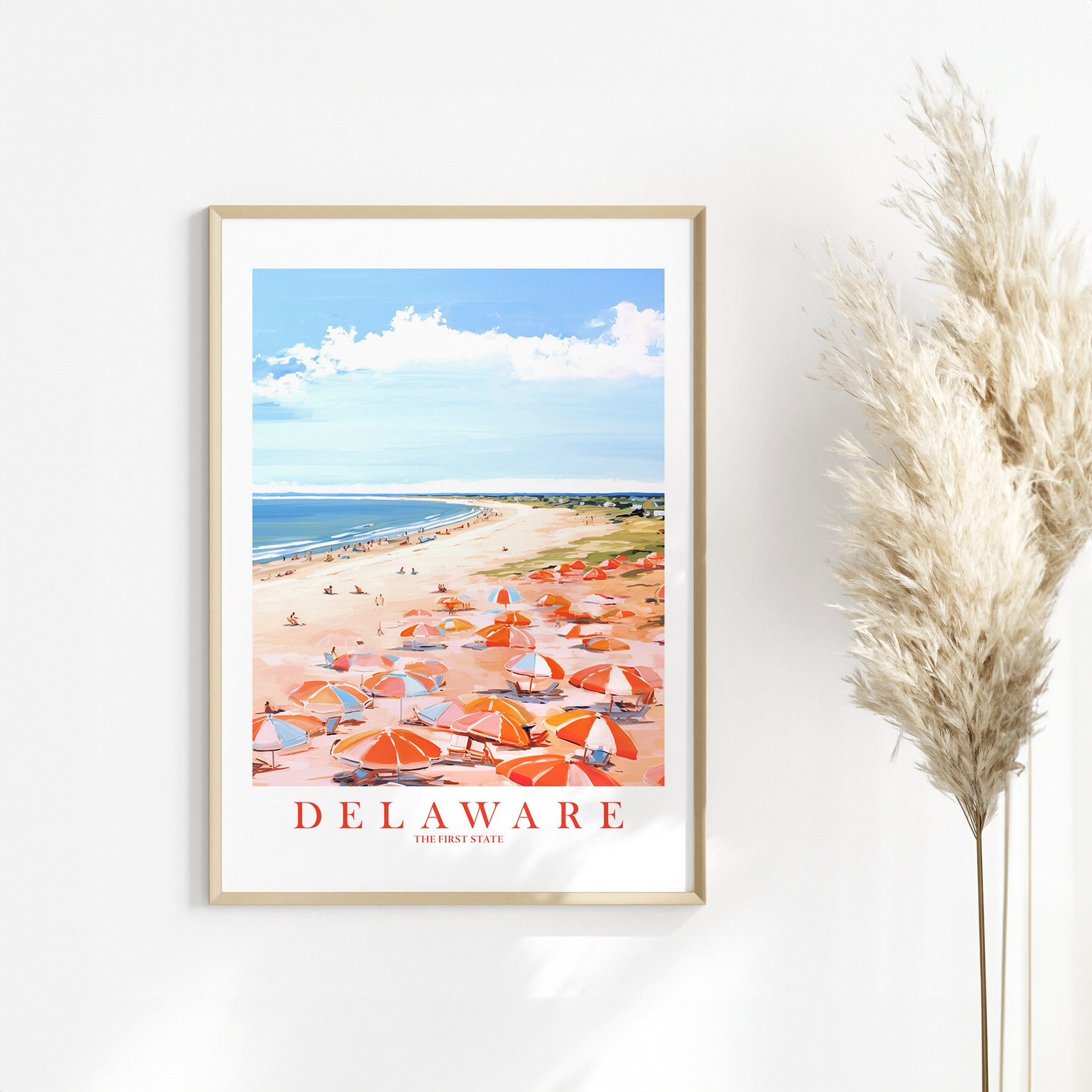 Delaware Travel Poster, the First State Print Retro Pink Orange Teal ...