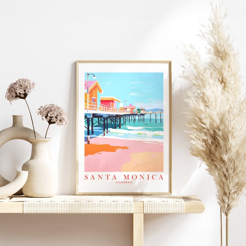 Santa Monica California Travel Poster Beach Wall Art Pacific Coastal ...