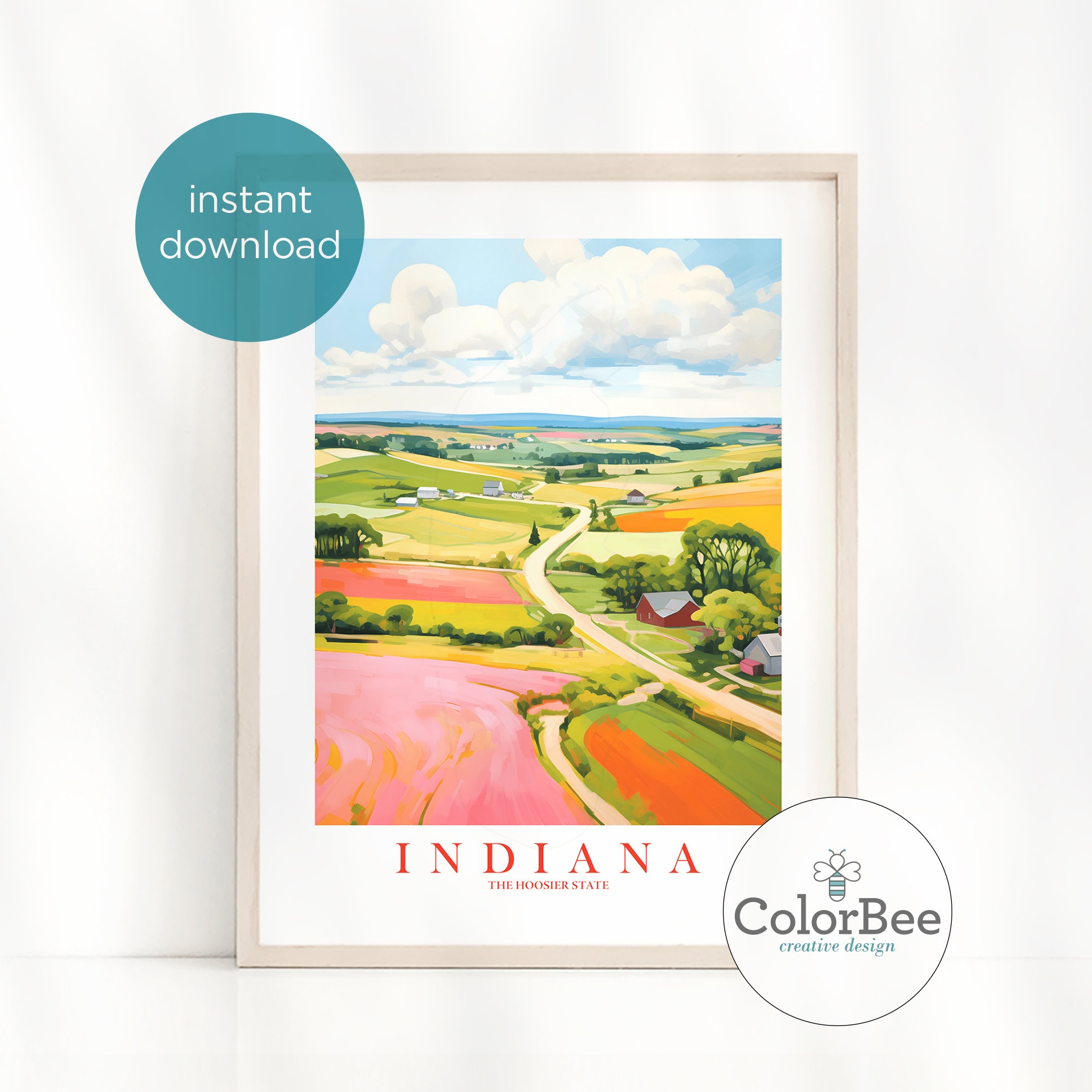 Indiana Retro Travel Poster Hoosier State Print Pink Orange - Etsy