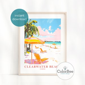 Clearwater Florida Travel Poster Beach Print Retro Pink Orange Teal ...