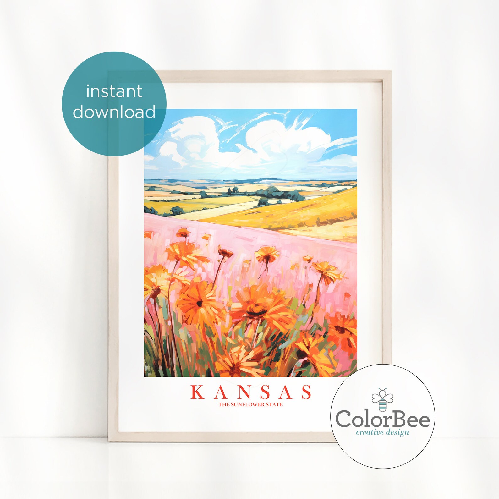 Kansas Retro Travel Poster Sunflower State Print Motto Pink Orange ...