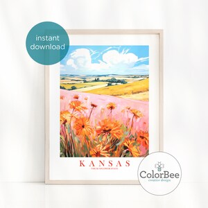 Kansas Retro Travel Poster Sunflower State Print Motto Pink Orange ...