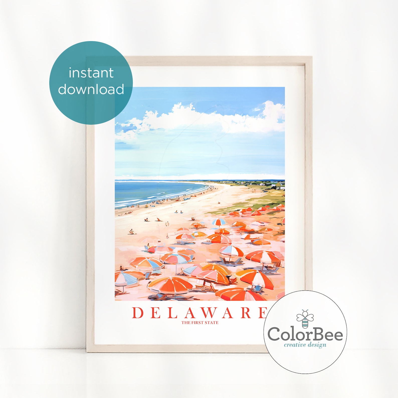 Delaware Travel Poster, the First State Print Retro Pink Orange Teal ...