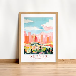 Denver Skyline Poster Colorado Travel Print City Wall Art Retro Pink ...