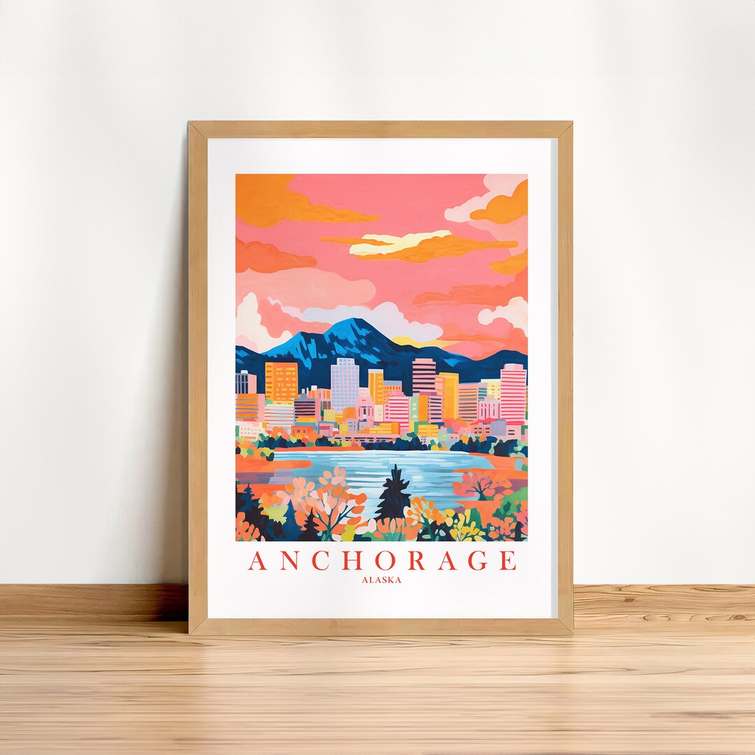 Anchorage Travel Poster Alaska Wall Art Print City Skyline Retro Pink ...