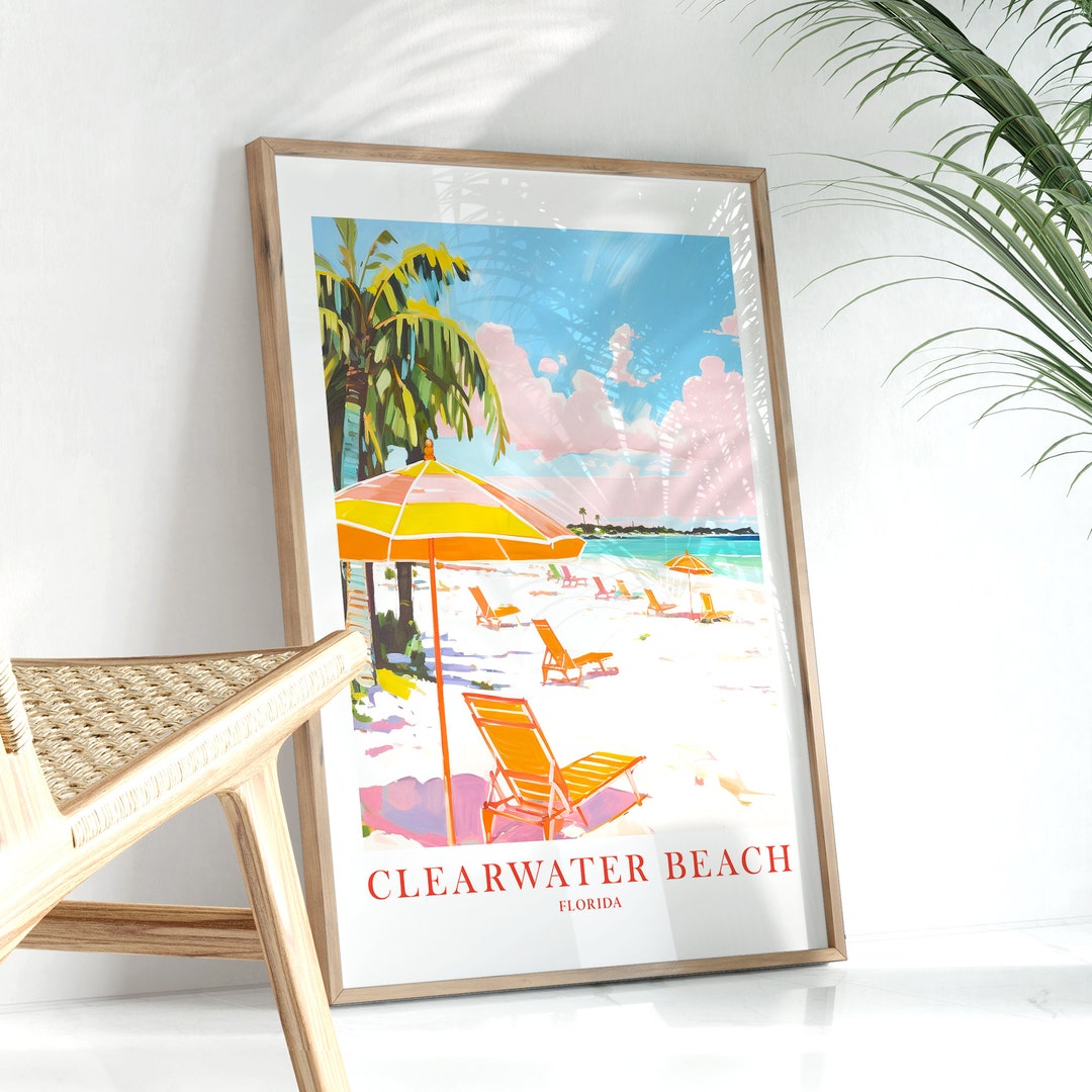 Clearwater Florida Travel Poster Beach Print Retro Pink Orange Teal ...
