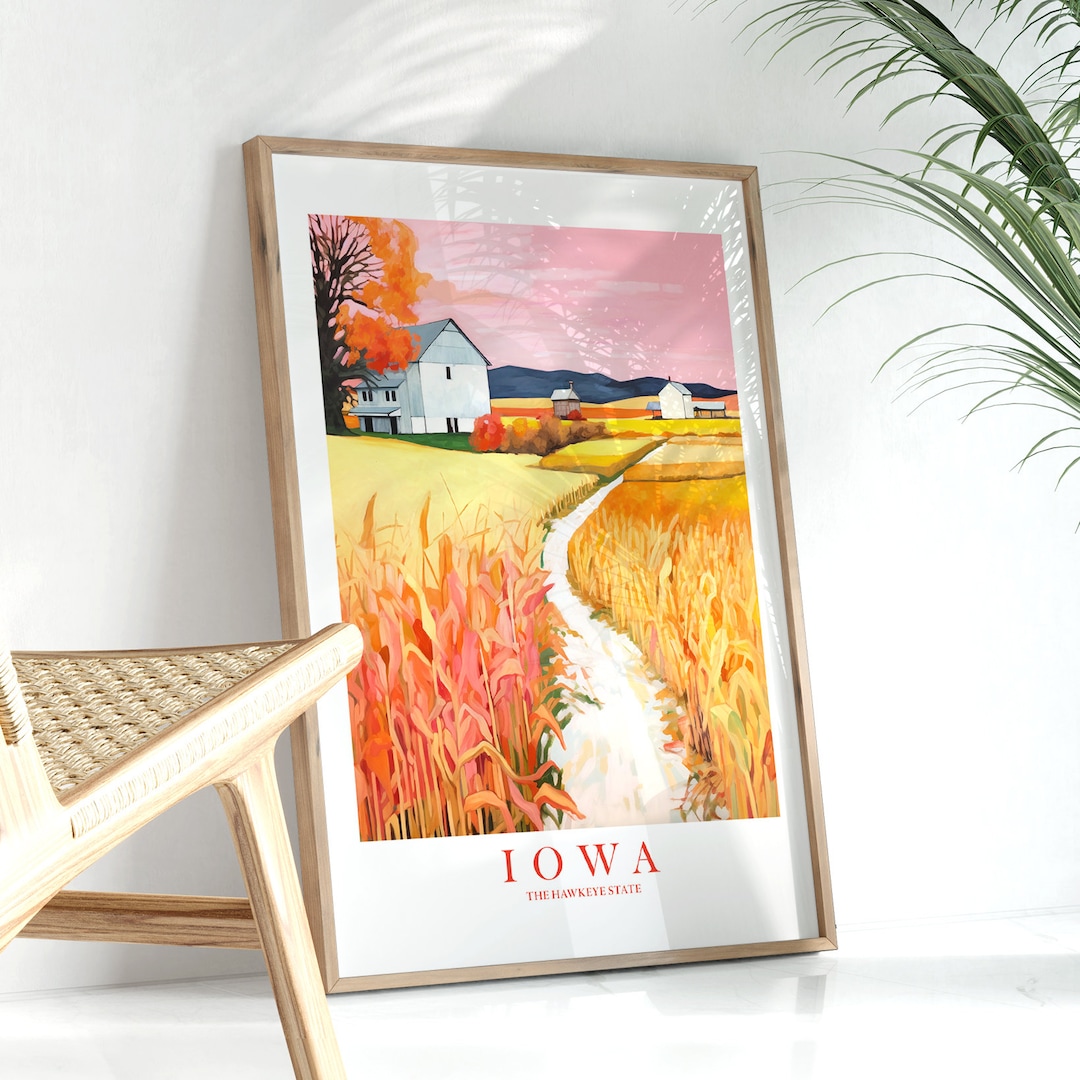 Iowa Travel Poster Hawkeye State Print Retro Pink Orange Teal Painting ...