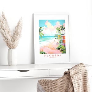 Florida Travel Poster Sunshine State Print Retro Pink Orange Teal Beach ...