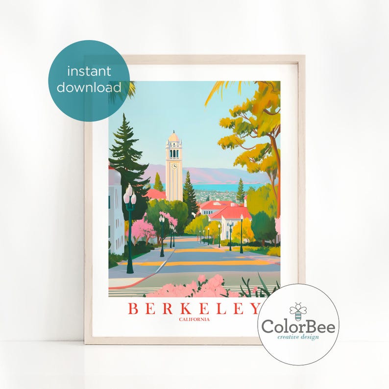 Berkeley Travel Poster California Pink Teal Orange Print CA Wall Art ...