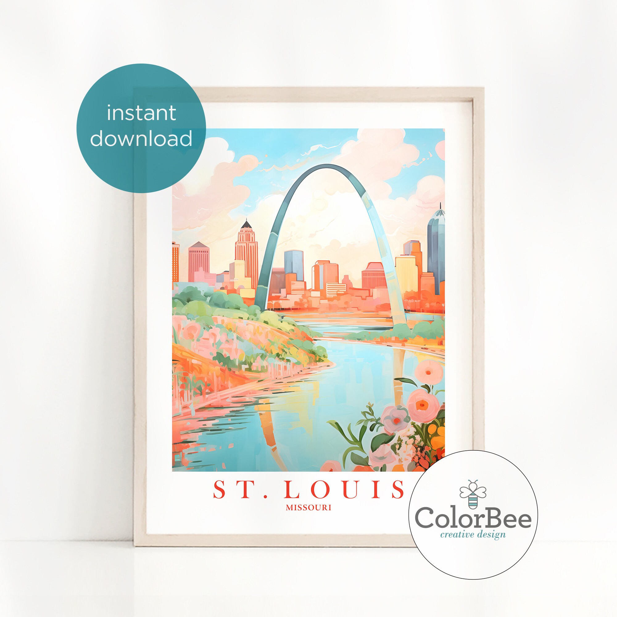 St Louis Pink Orange Retro Travel Poster Missouri Print Painted Scenery ...