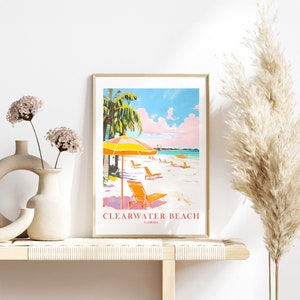 Clearwater Florida Travel Poster Beach Print Retro Pink Orange Teal ...