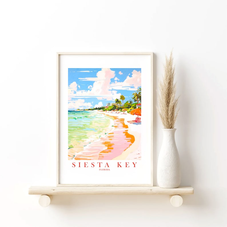 Siesta Key Florida Travel Poster Print Retro Pink Orange Teal Beach ...