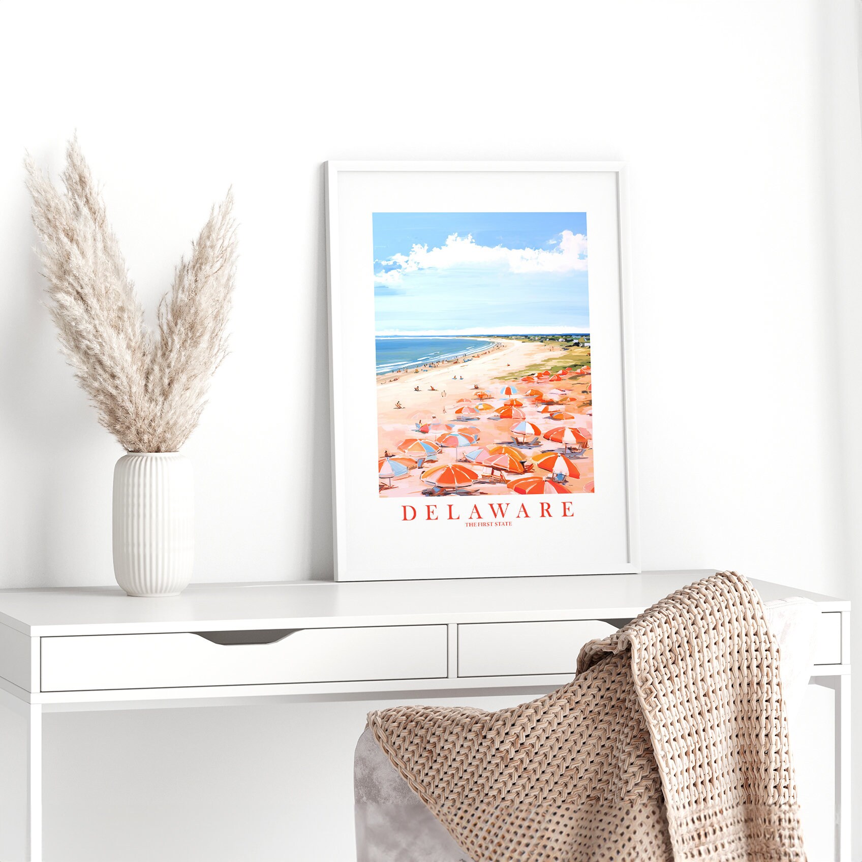 Delaware Travel Poster, the First State Print Retro Pink Orange Teal ...