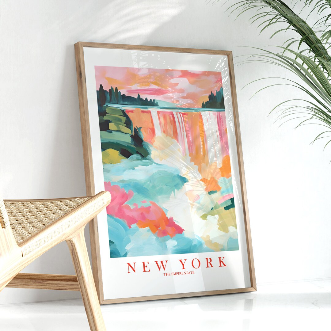 New York State Travel Poster Retro Pink Orange Empire State Print ...