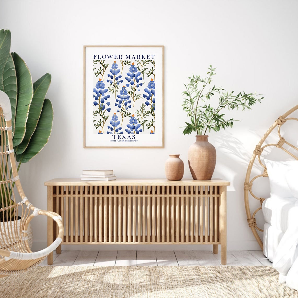 Texas Bluebonnet Flower Market Decor Bedroom Poster Navy Blue Wall Art ...
