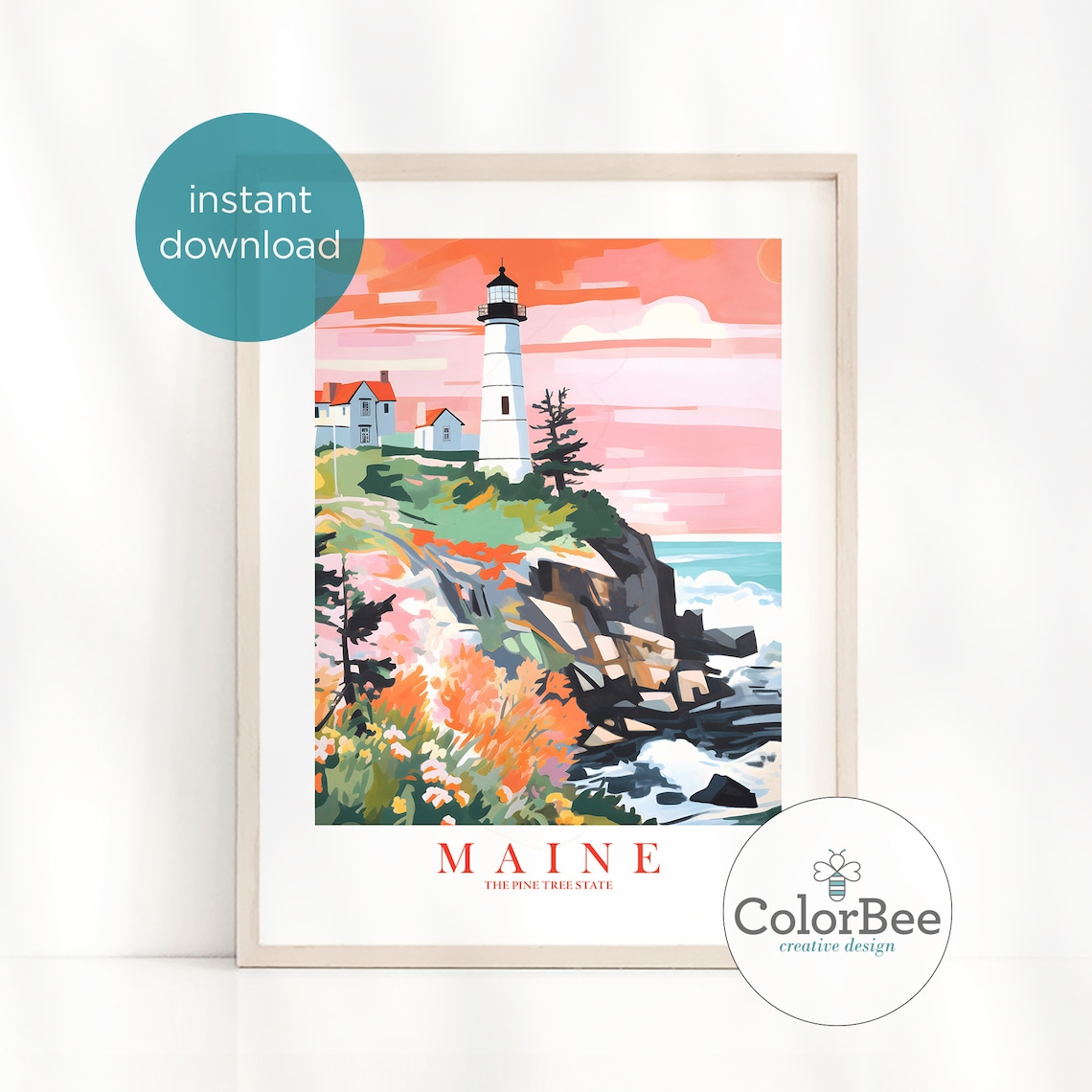 Maine Pink Orange Retro Travel Poster Pine Tree State Print Motto ...