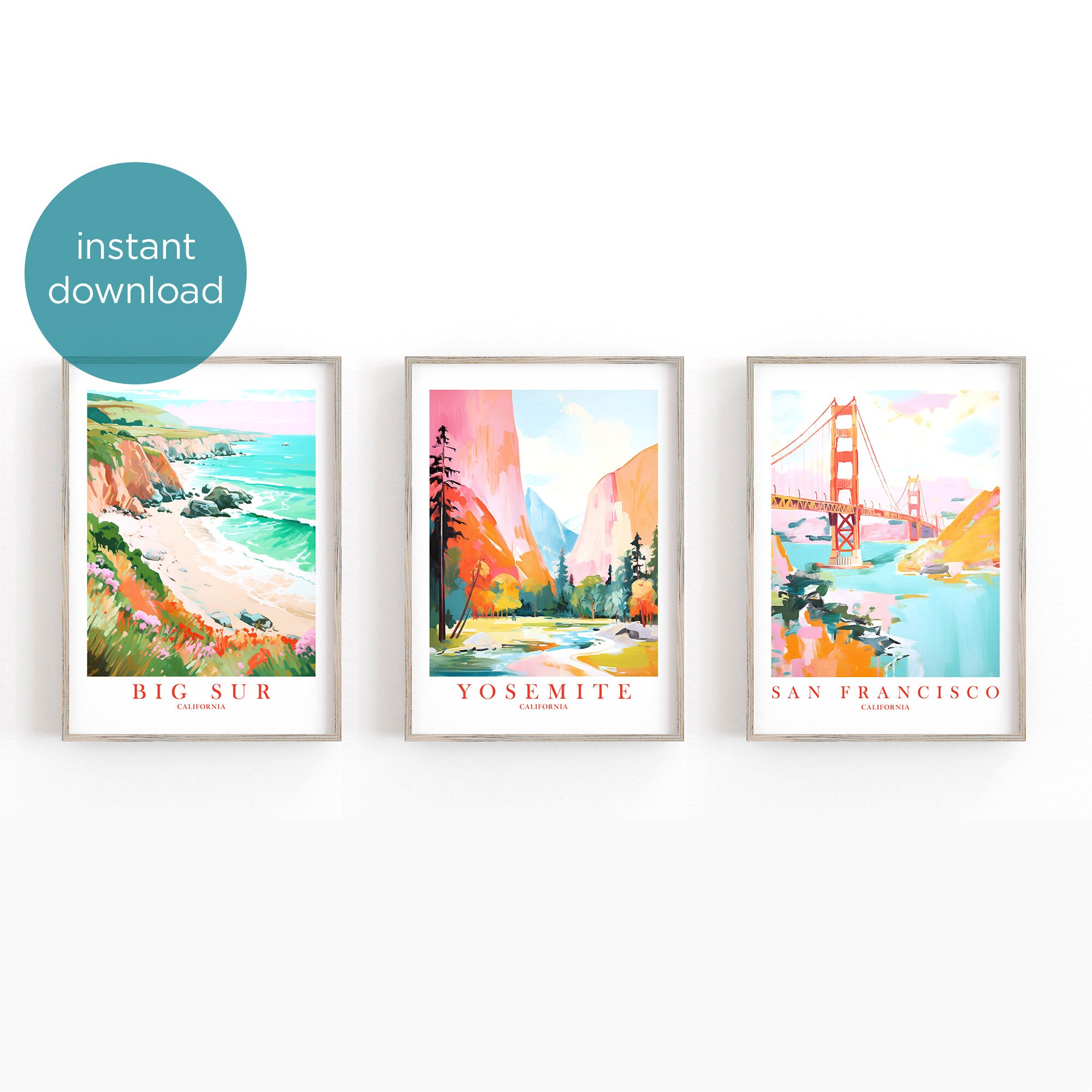 Set of 3 California Travel Posters, Big Sur Yosemite San Francisco Wall ...