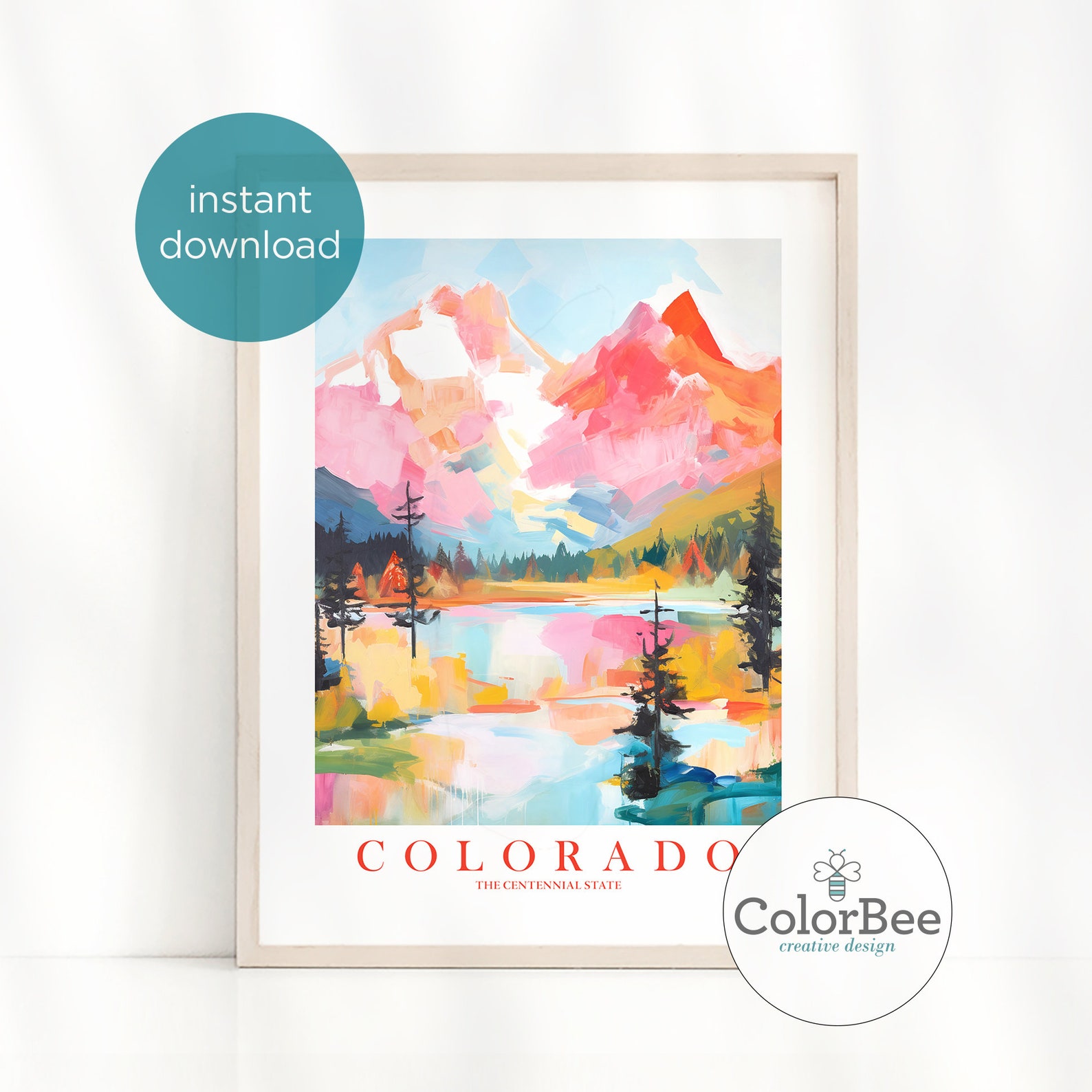 Colorado Travel Poster Centennial State Print Retro Pink Orange Teal ...