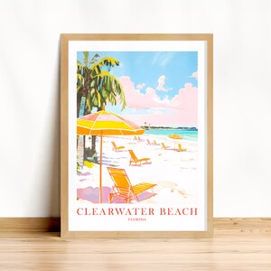 Clearwater Florida Travel Poster Beach Print Retro Pink Orange Teal ...