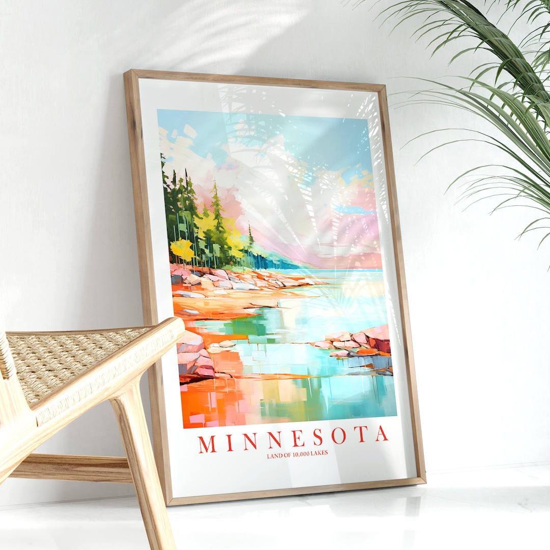 Minnesota Travel Poster Land of 10000 Lakes State Print, Retro Pink ...