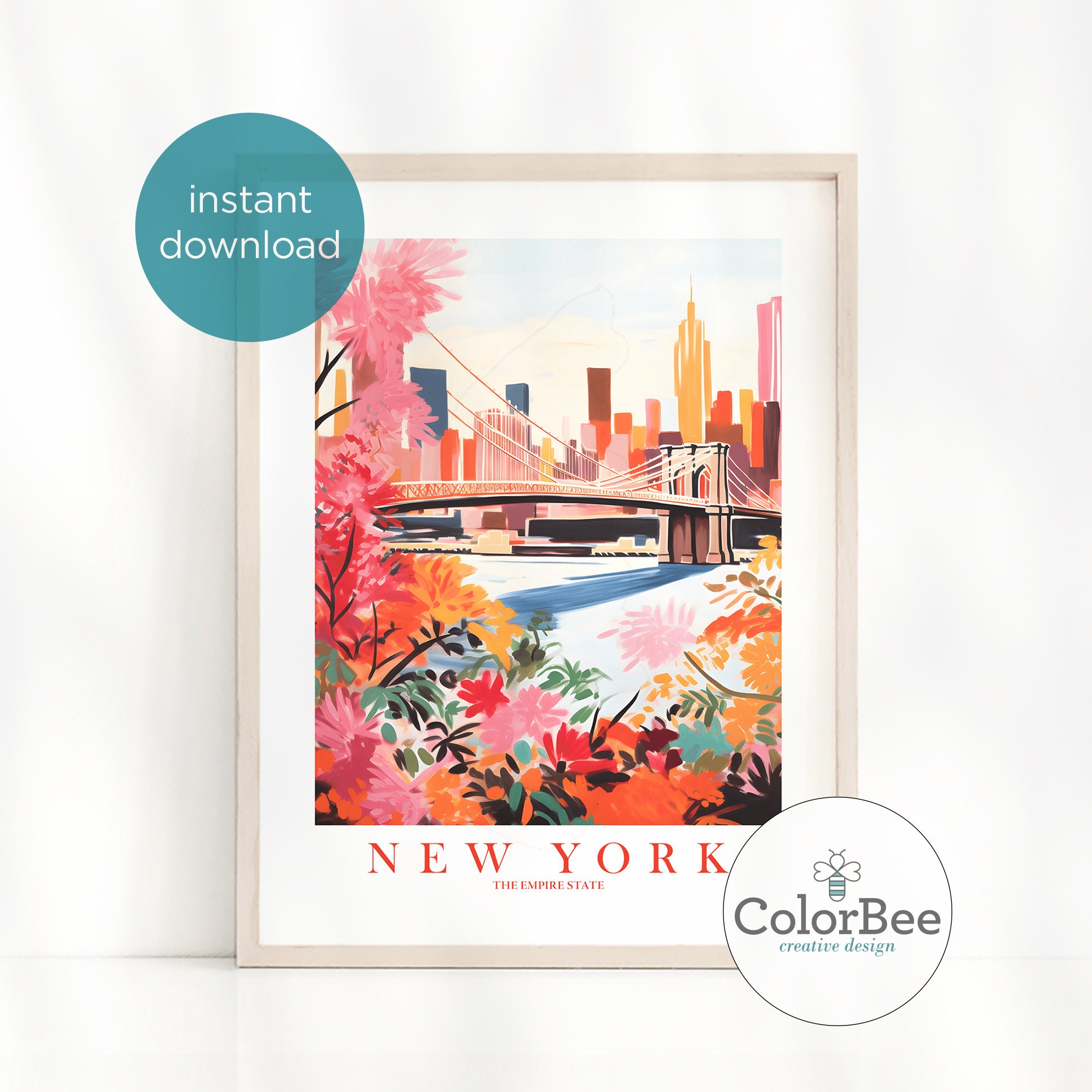 New York Retro Travel Poster Empire State Print Pink Orange NYC ...