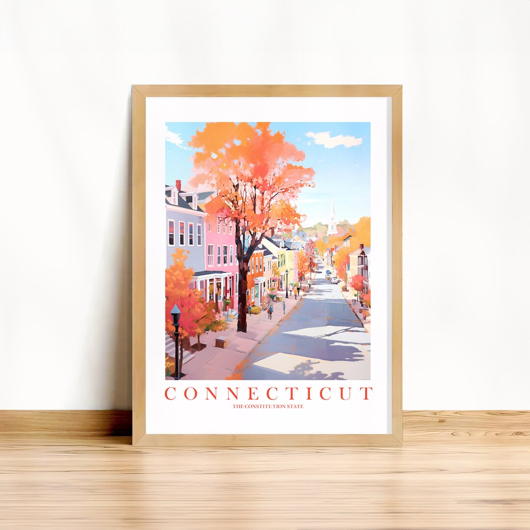 Connecticut Travel Poster Constitution State Print Retro Orange Pink ...