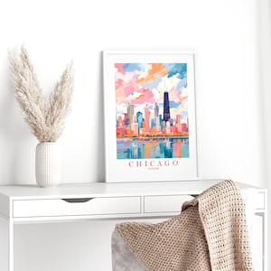 Chicago Travel Poster City Skyline Wall Art Print Illinois Retro Pink ...
