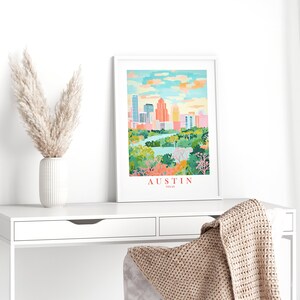 Austin Travel Poster Texas Wall Art Print City Skyline Retro Pink ...